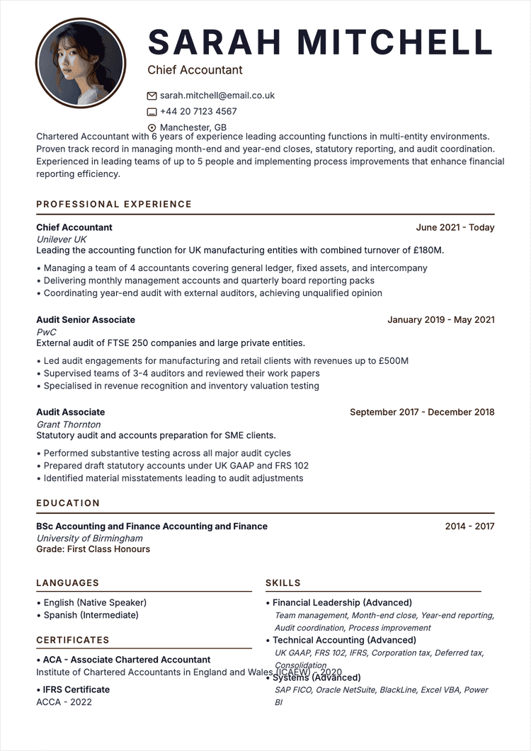 Chief Accountant CV 2026: examples, skills, ATS tips